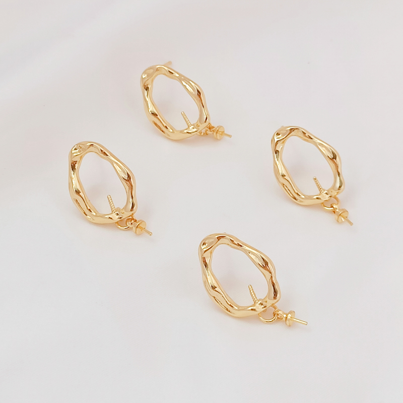 14K包金保色不规则圈带羊眼针珍珠帽耳针手工DIY耳饰耳环饰品配件