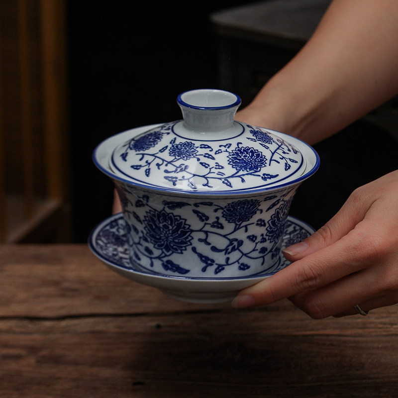 Blue and white porcelain "three talents and eight treasures" gaiwan ...