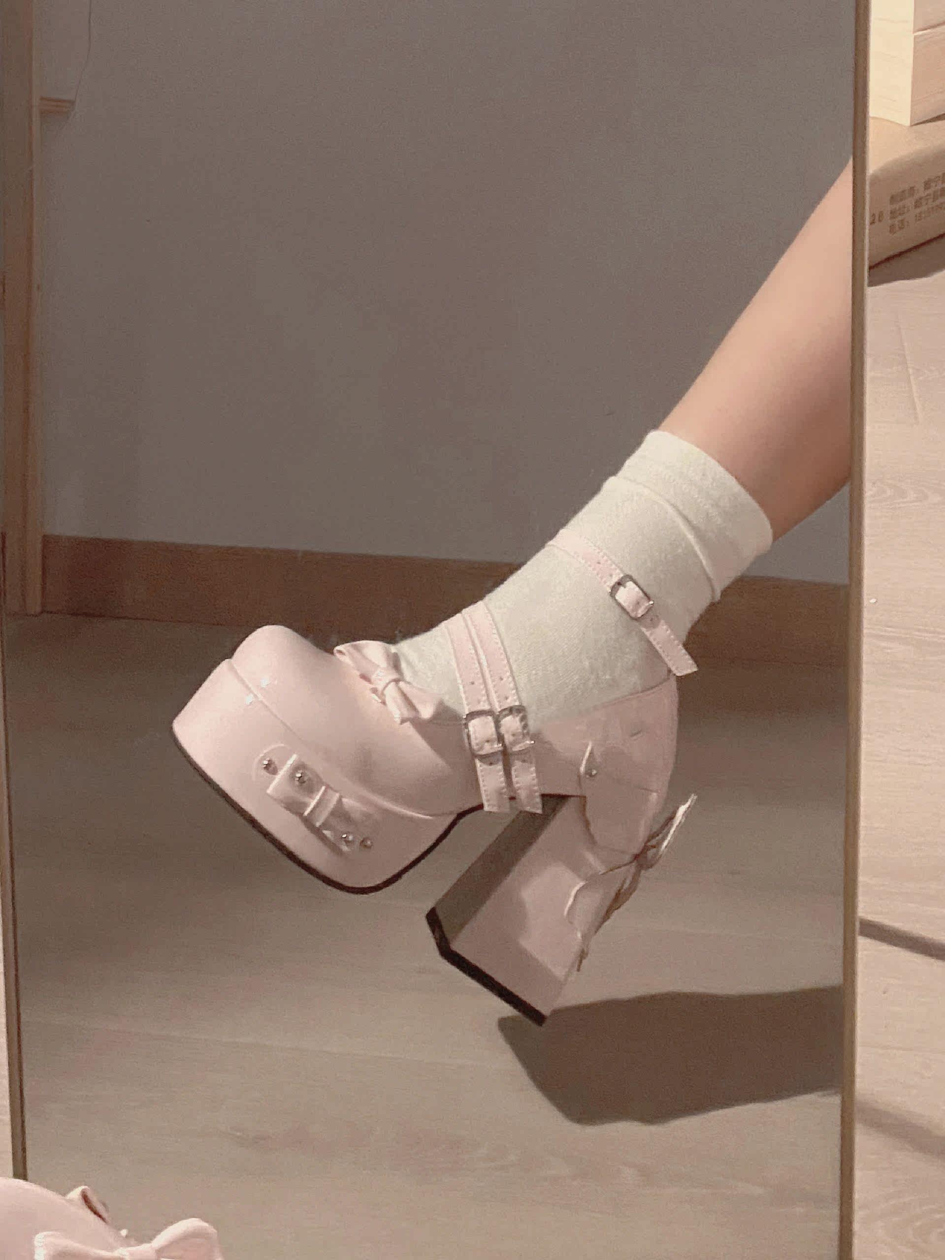 Pink Bow Waterproof Tall Super High Heels Women's Thick Heel with ...