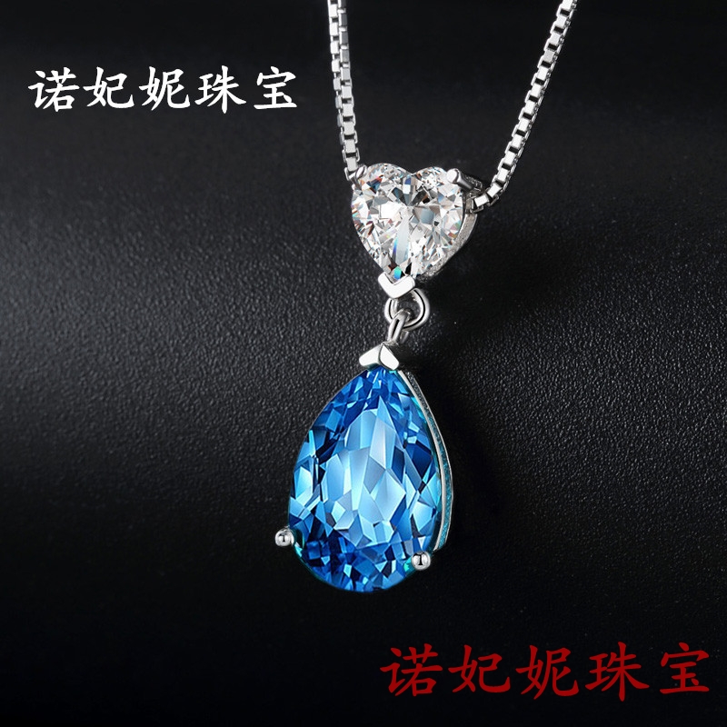 蓝托帕石吊坠水滴形925纯银镀18K金镶嵌瑞士海蓝色宝石锁骨项链礼-Taobao