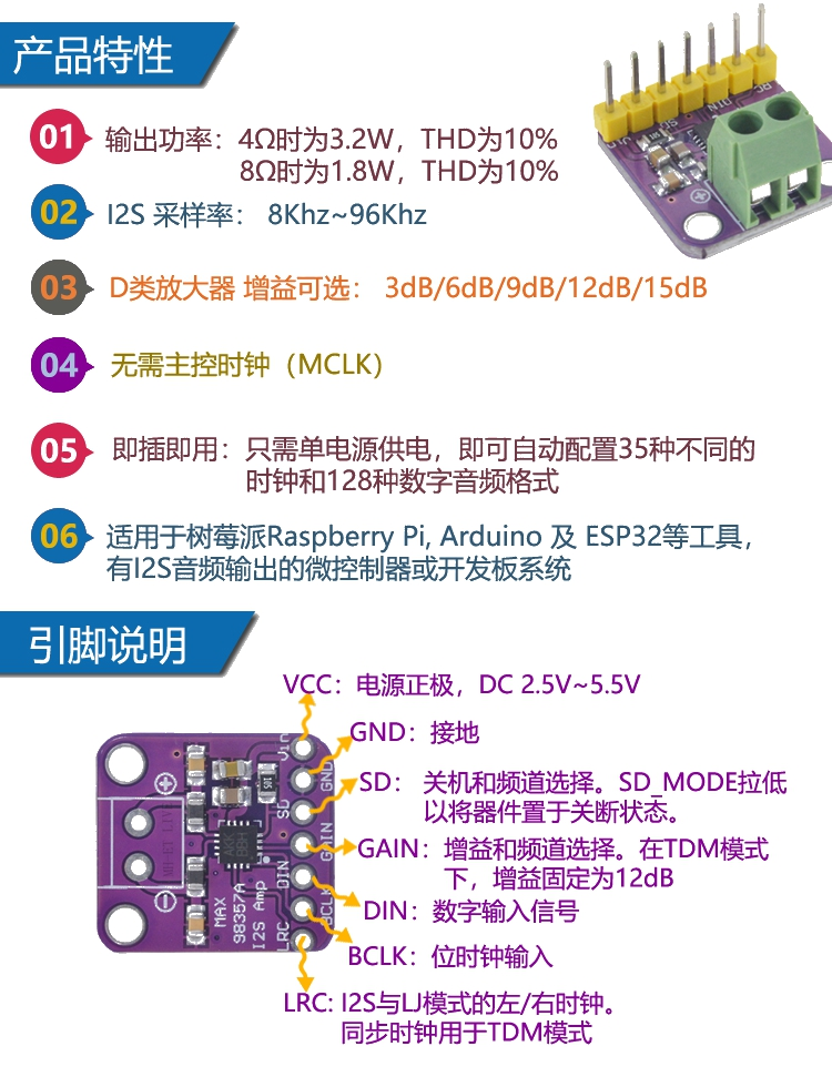 MAX98357 I2S 音频放大器模块 无滤波D类放大 支持ESP32 树莓pi-阿里巴巴