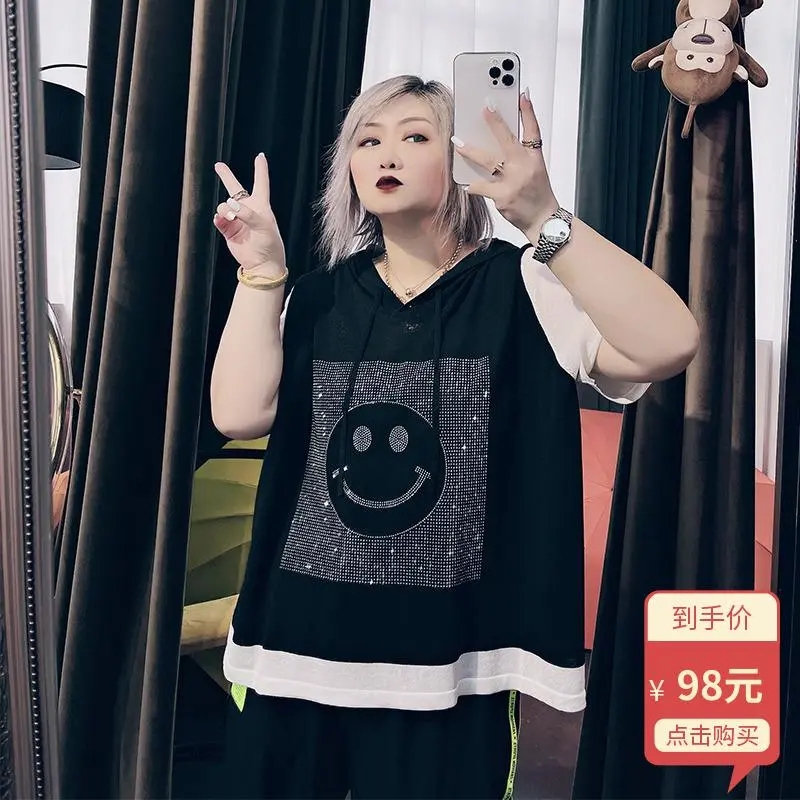 大码300斤薄款打底衫短袖烫钻假两件卫衣帽衫宽松夏季微胖mm上衣-Taobao