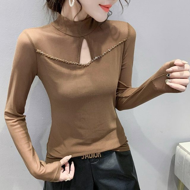 Half -high collar and velvet base shirt women autumn and winter sexy ...