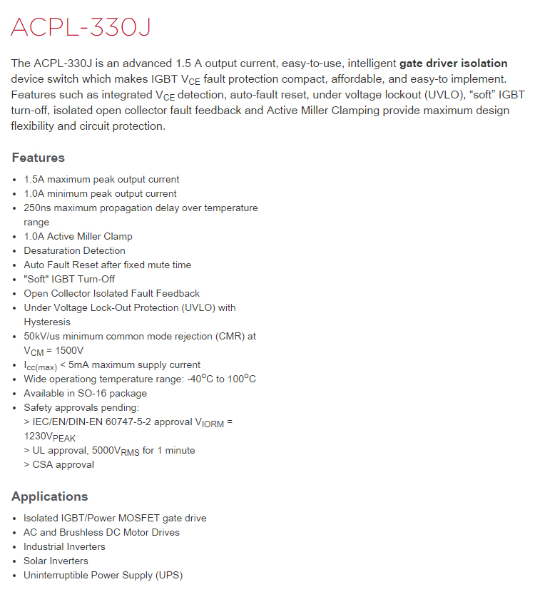 ACPL-330J-500E SOIC-16 1.5A输出电流 IGBT栅极驱动器光电耦合器-阿里巴巴
