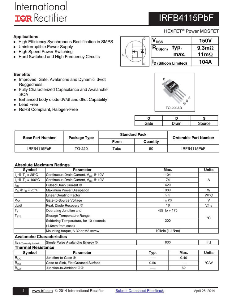 原装 IRFB4115PBF TO-220 N沟道 150V/104A 直插MOSFET-阿里巴巴