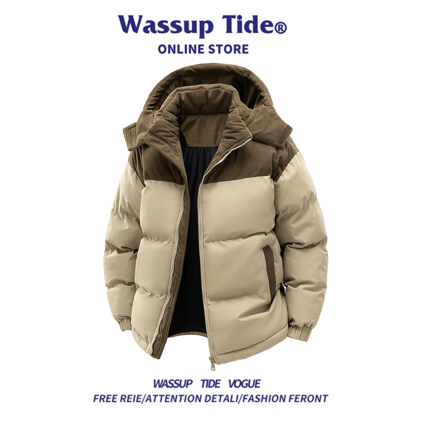 WASSUP TIDE灯芯绒拼接羽绒服男冬季新款加厚面包服情侣棉服外套