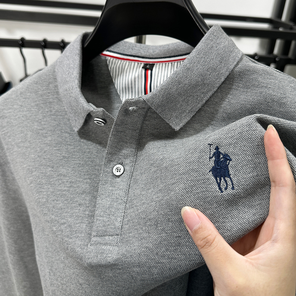 100%纯棉下摆开叉秋季男士翻领长袖T恤休闲纯色polo衫宽松体恤衫-Taobao