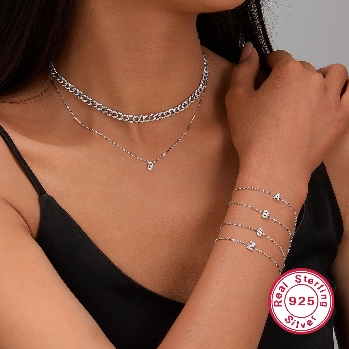 925纯银手链小众轻奢级感手饰26英文字母镶钻手链女饰品-Taobao