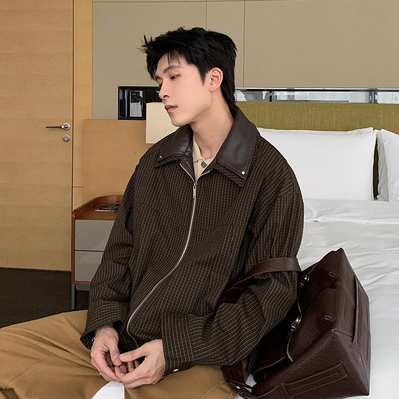 Hualun春季復古格紋夾克男生巴恩風翻領外套男裝潮牌寬鬆百搭上衣