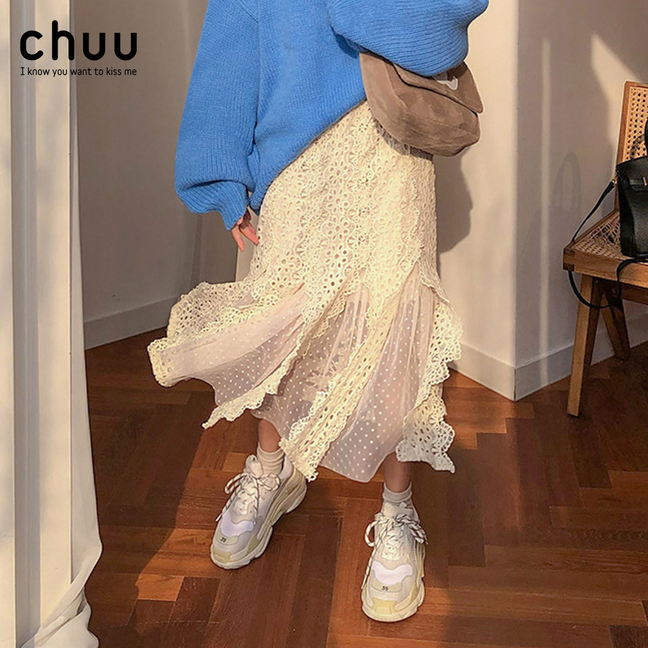 chuu复古蕾丝镂空高腰半身裙女2019春新款韩版中长款蛋糕-Taobao