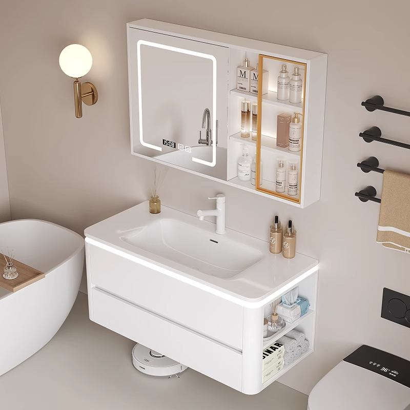 New minimalist white solid wood bathroom vanity with smart mirror ...