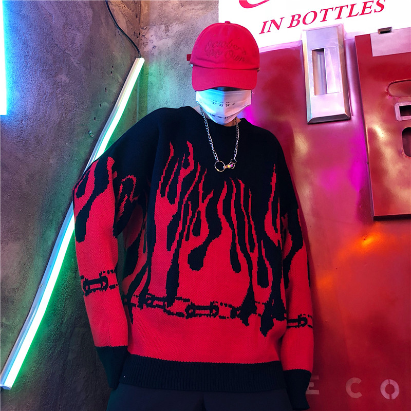 Couple Sweater Harajuku Hip Hop Flame Fire Sweaters Knit 2020 Autumn ...
