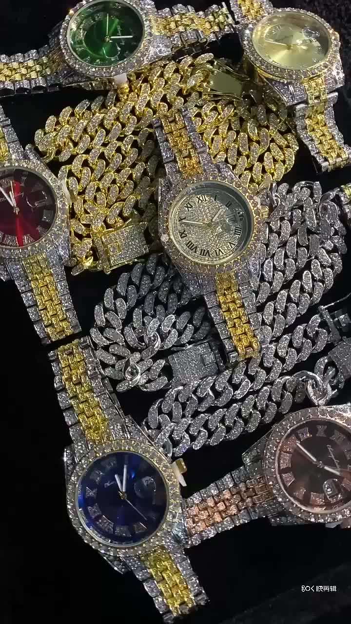 Full Iced Out Watches Men Wrist Luxury Watch Set Cuban Link Chain ...