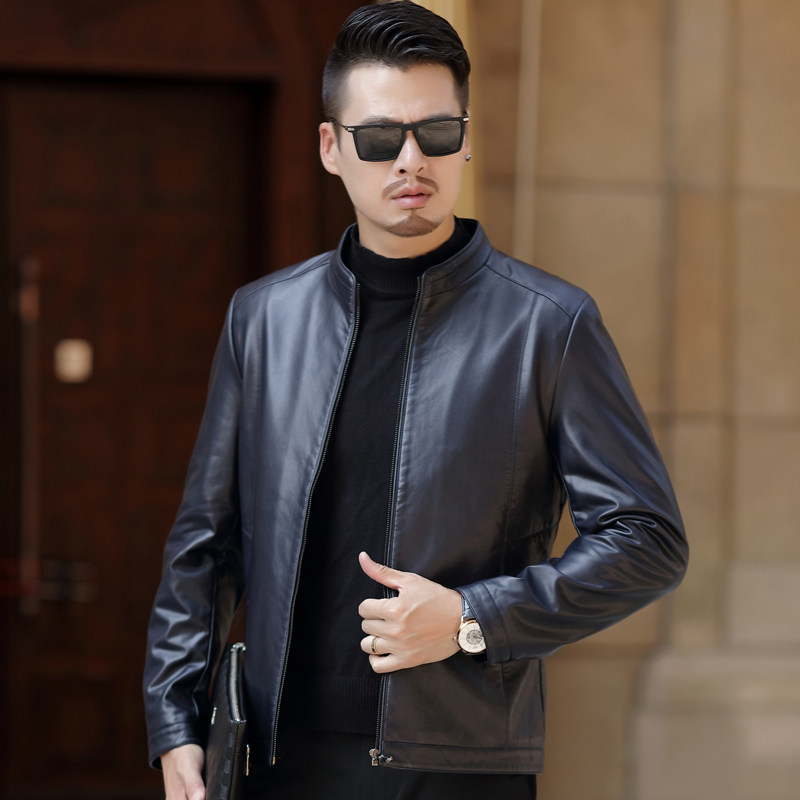 Middle-aged and elderly men's leather jacket father handsome spring and ...