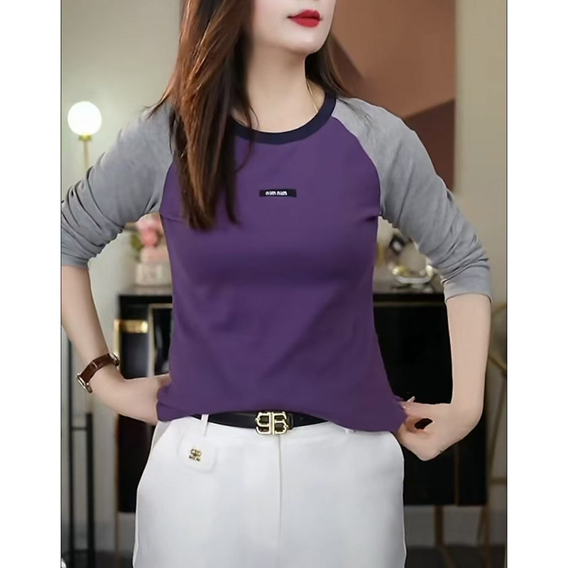 Trendy round neck contrast color raglan long sleeves t-shirt, autum ...