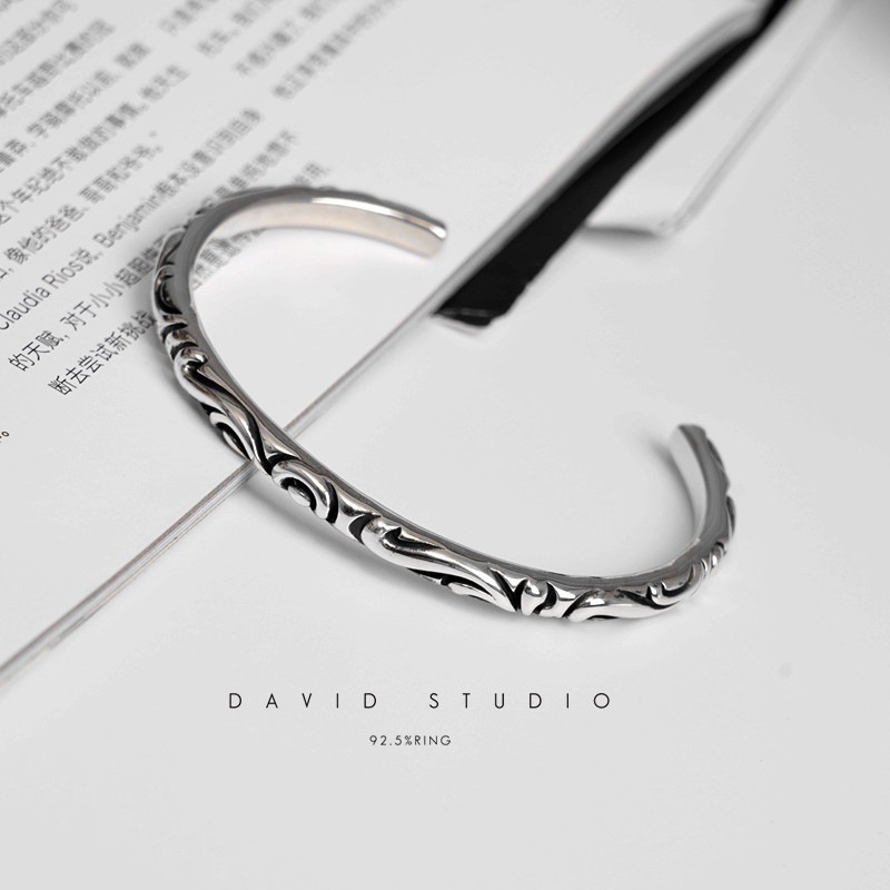 david 定制S925纯银做旧熏花暗黑情侣开口手镯，潮流情侣手环，你的专属爱情印记！-手镯-淘宝好物网