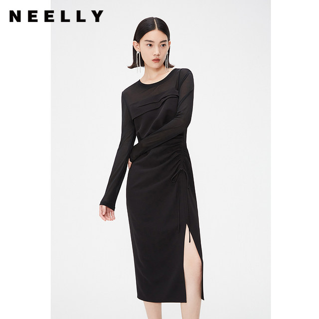 NEELLY Nali Shopping Mall The same autumn new black pleated slim dress ...