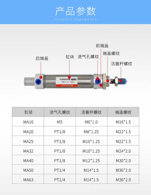소형 원형 에어 실린더 MA20 25 / 50 / 75 / 100 / 125 / 150 / 175 / 200SCA-U / CM ...
