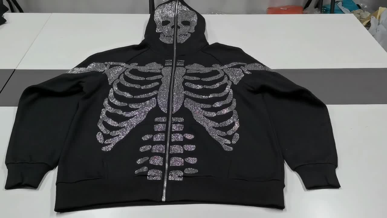 Oem Custom Full Face Zip Up Hoodies Y2k Rhinestone Sequin Reflective Pullover Streetwear Heavy ...