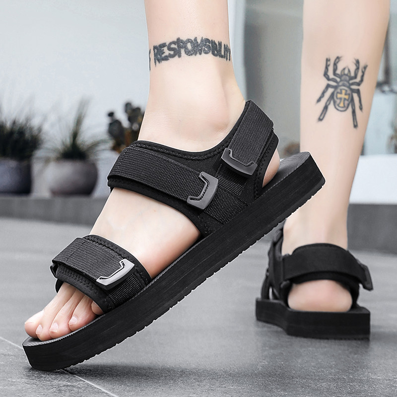 Men's summer beach sandals: versatile black velcro slippers for driving ...