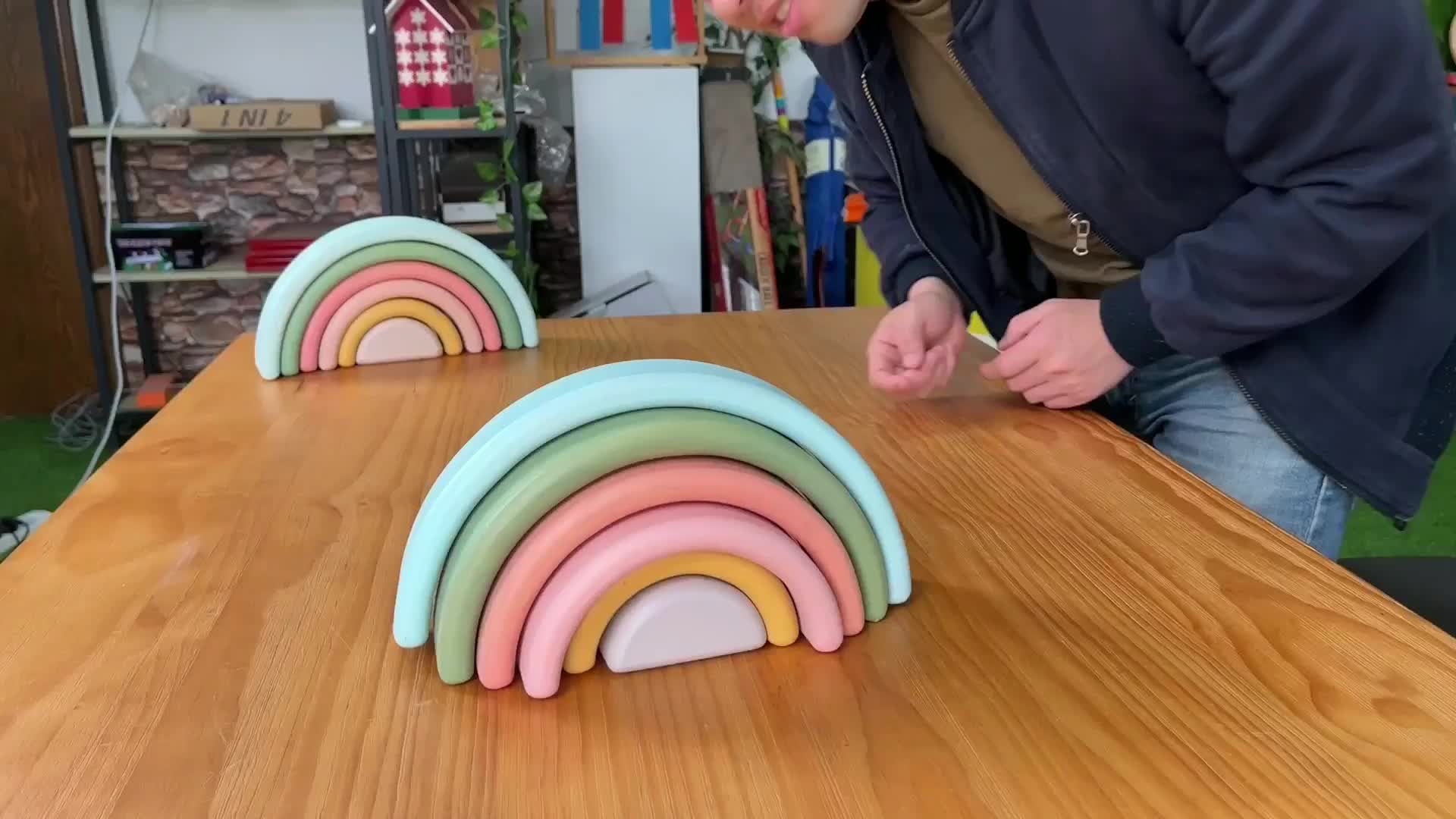 12-piece Wooden Rainbow Stacker Diy Toy Bright Colors Building Blocks ...