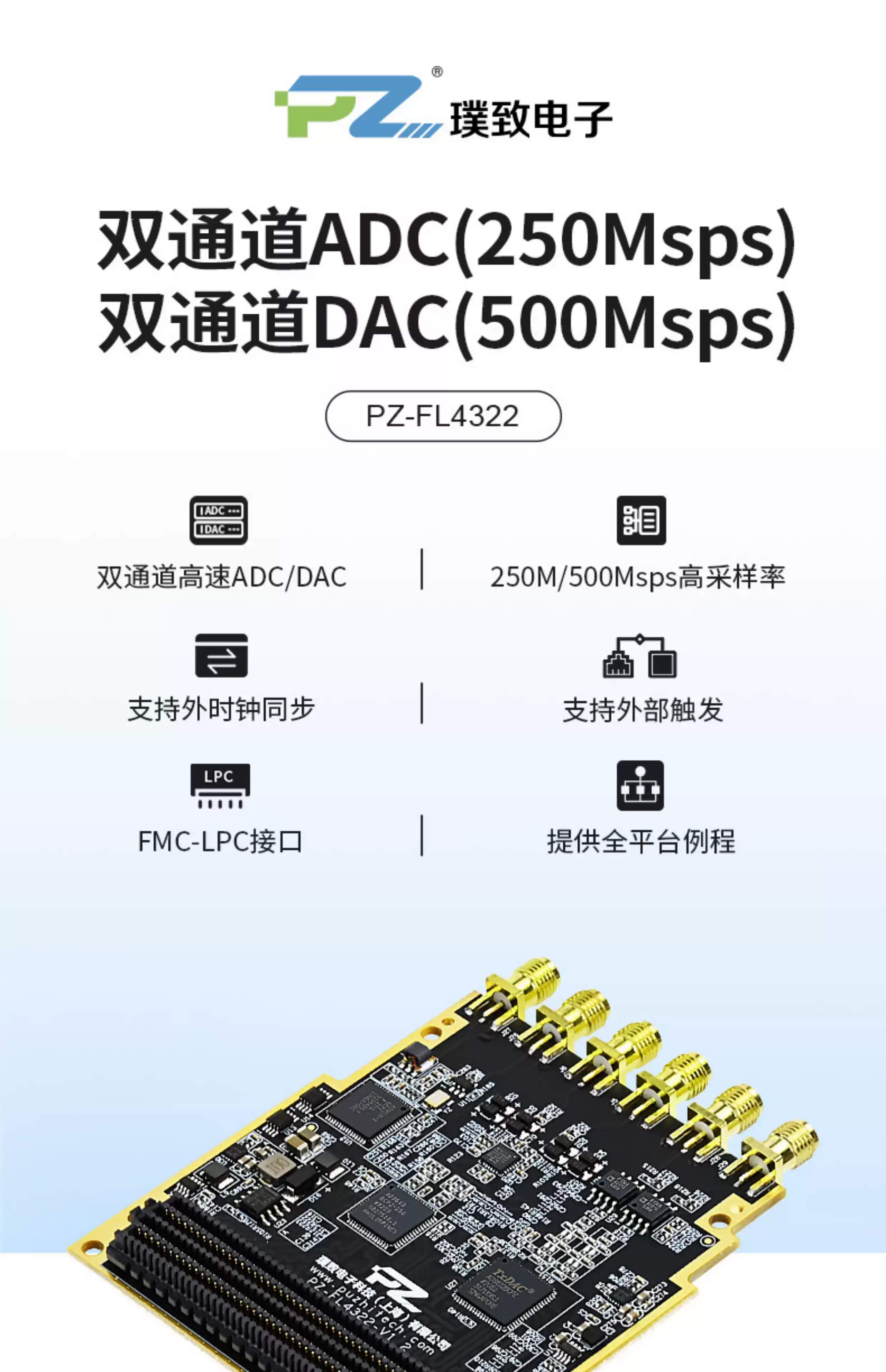 璞致FPGA高速ADC 14bit 250Msps DAC 16bit 500M FMC LPC FL4322