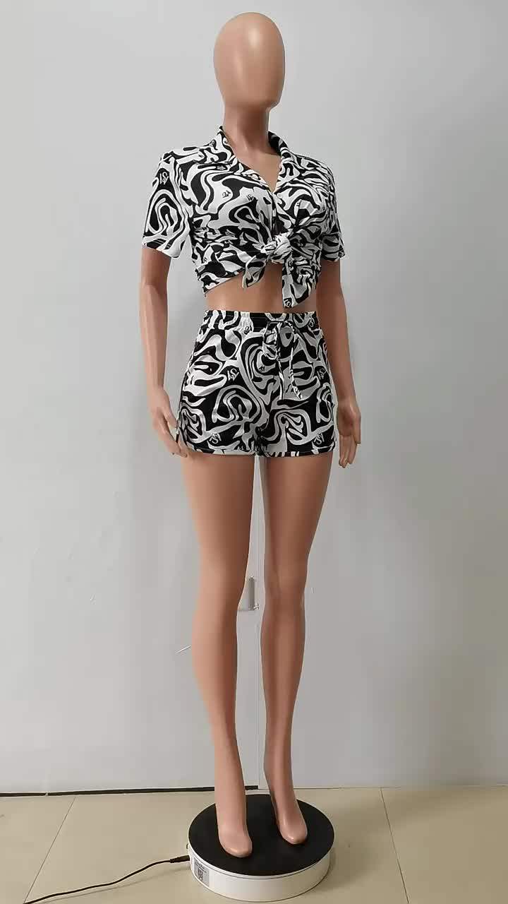 Sharee Women Summer Print Multicolor Short Sleeve 2 Piece Shirt Short ...