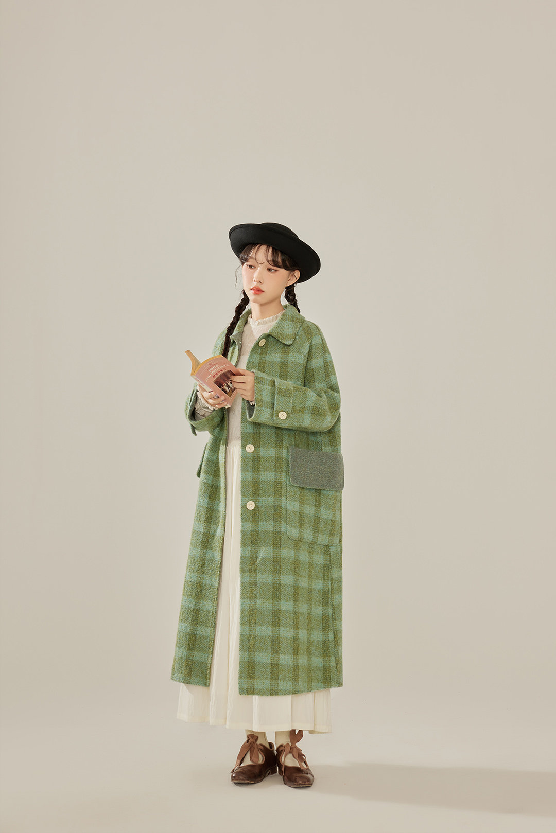 森の冬 グリーンチェック ダブルフェイス コート ロング丈 冬 暖か