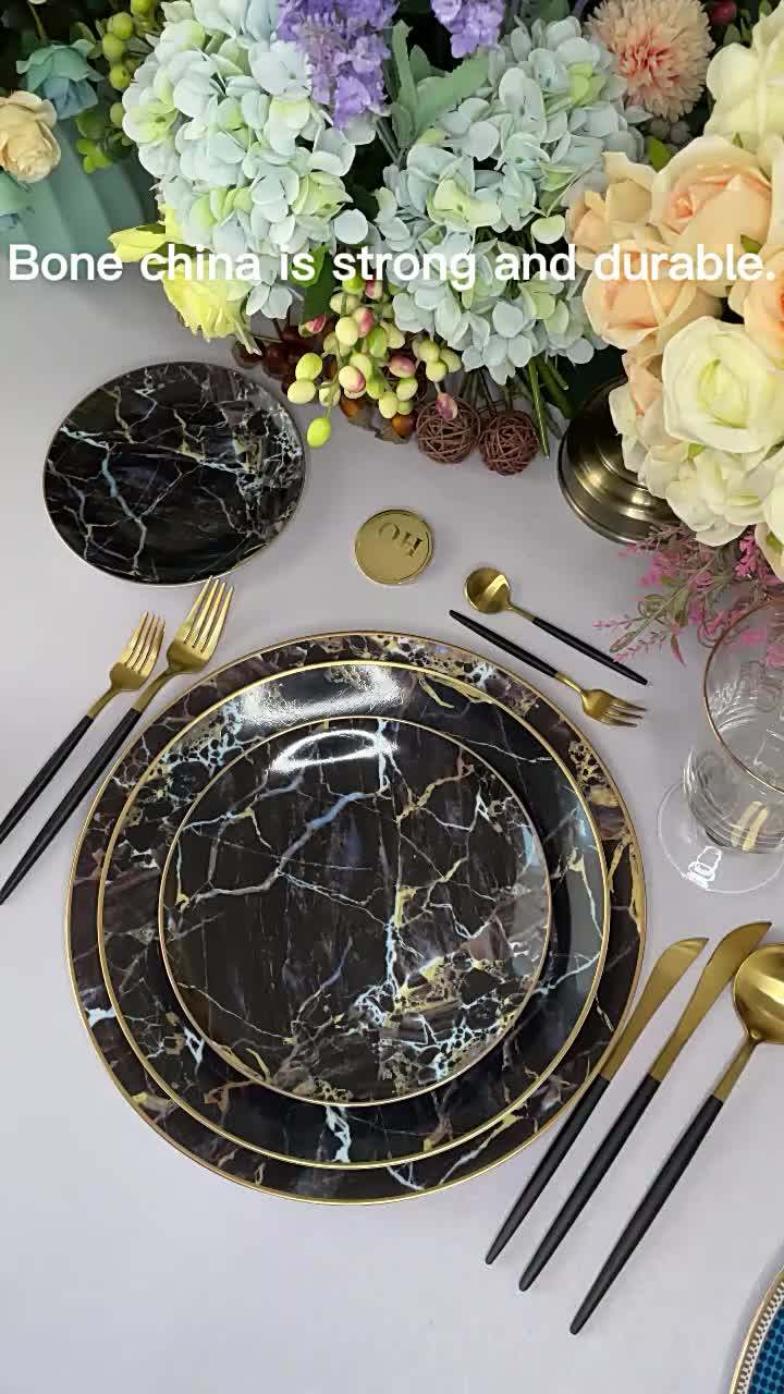 Luxury Black Marble Print With Gold Rim Glazed Porcelain Dinner Set ...