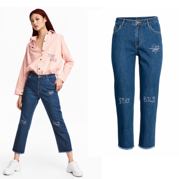 Купить Джинсы женские 折扣h&m女装正品代购hm牛仔裤毛边裤脚刺绣爱心字母修身牛仔裤 в интернет ...