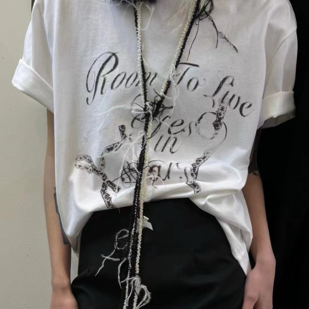 美式ins潮牌字母印花蕾丝蝴蝶结短袖T恤女夏慵懒宽松显瘦大版体恤-Taobao