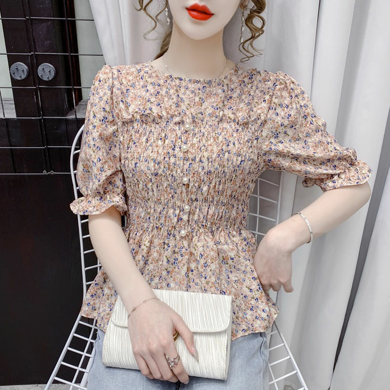 2024 new summer round neck ruffle trim casual short sleeve floral ...