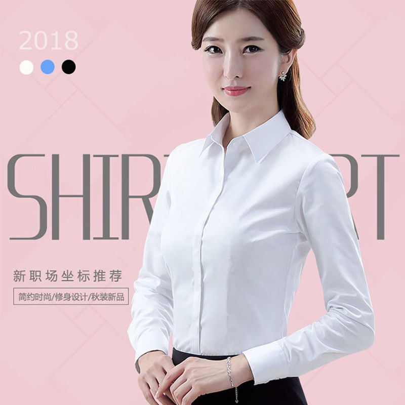 修身黑色长袖白色防走光带暗扣新款弹力长短袖大码女正装衬衫韩版-Taobao Vietnam