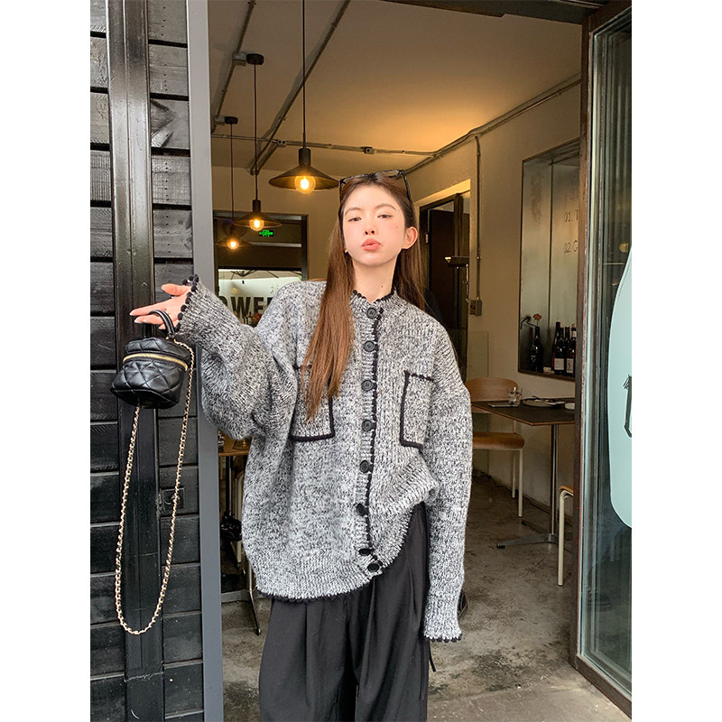 LIL CHER灰色撞色圆领长袖毛衣外套女春秋季宽松休闲针织开衫上衣