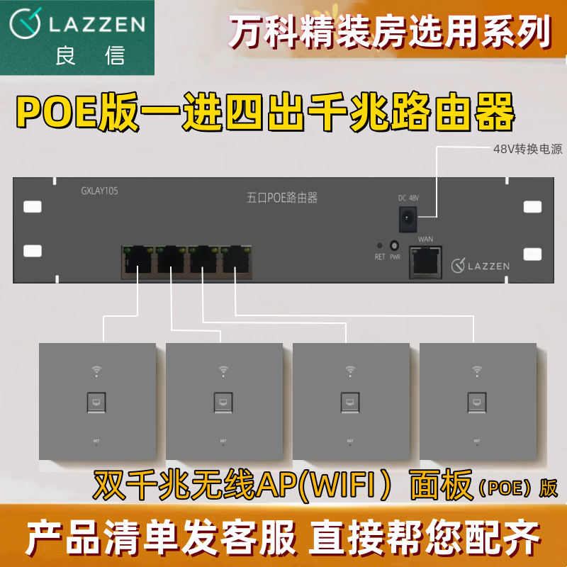 LAZZEN良信智能 千兆一進四出POE版光纖弱電箱網路路由器GXLAY105