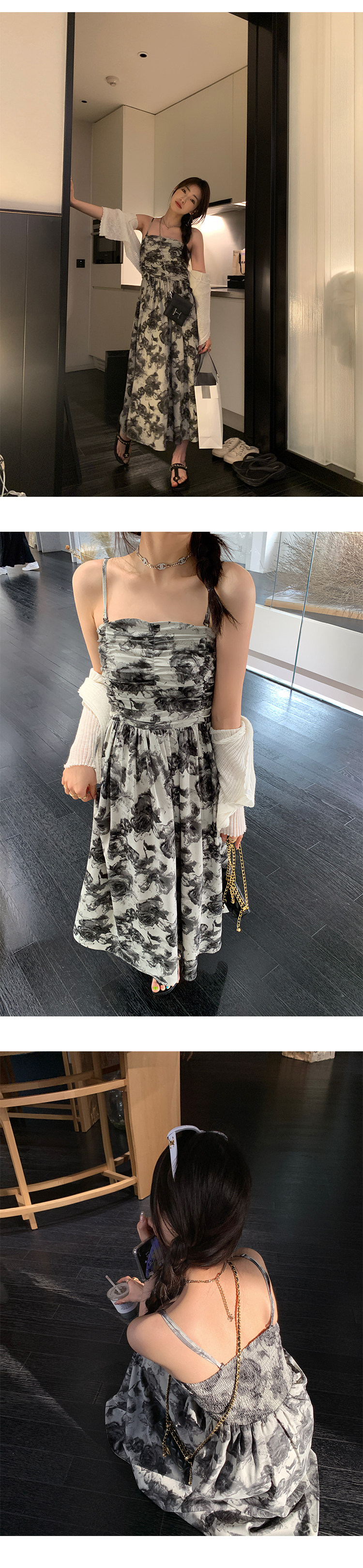 EKOOL 新中式清冷水墨碎花抹胸吊带连衣裙夏收腰显瘦性感露背裙子-阿里巴巴