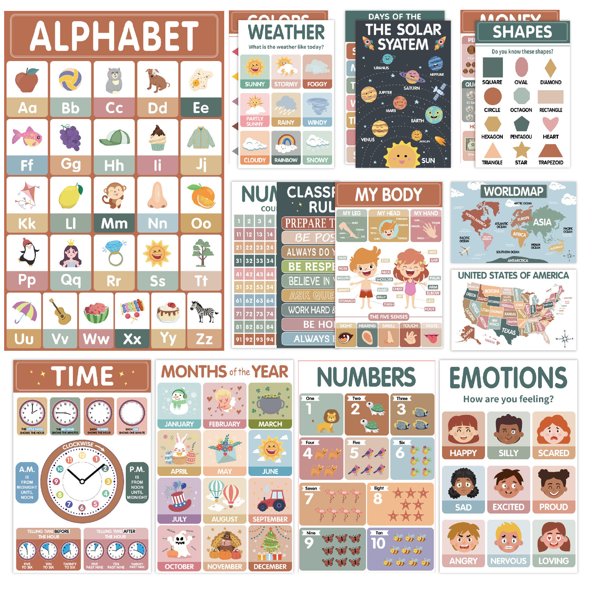 Children's english enlightenment tool 🌈 Bohemian style grids posters ...