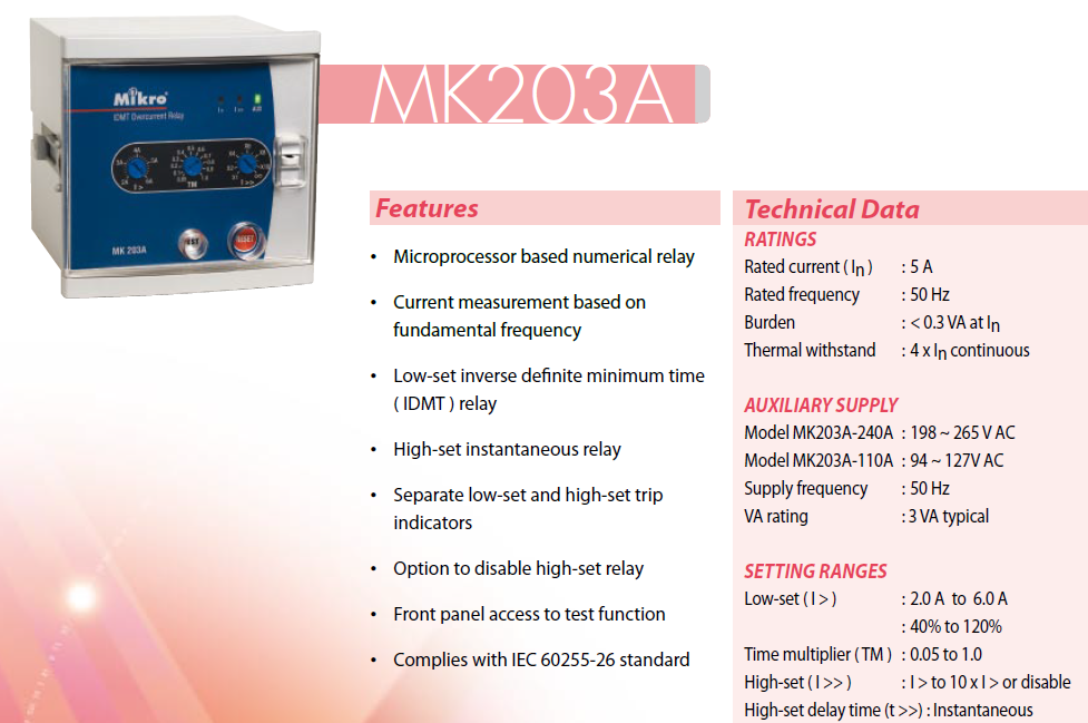 米克诺Mikro过流继电器Relay MK203A -240A IDMT Overcurrent Rel