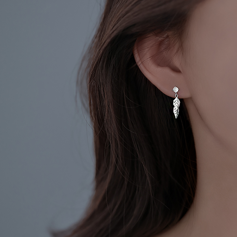 925纯银树叶耳钉2024新款酷帅简约耳坠耳环韩系ins小众个性耳饰品-Taobao