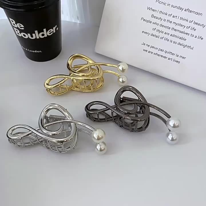 Korean Pearl Musical Note Hair Claw Clips Women Simple Alloy Hair Shark ...
