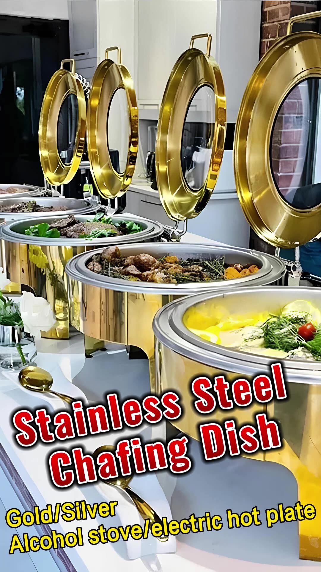 Catering Buffet Warmer Serving Equipment Golden Hydraulic Cheffing Dish ...