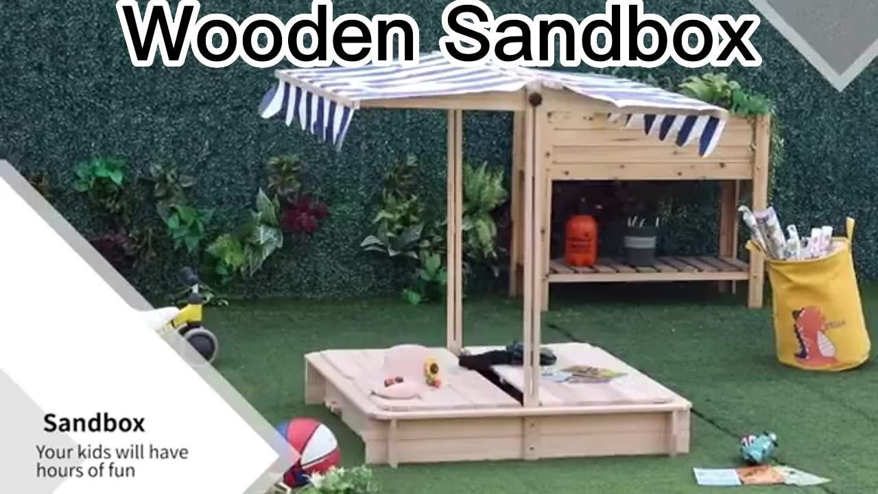 Outdoor Playground Kids Wooden Sandbox With Sunproof And Two Benches ...