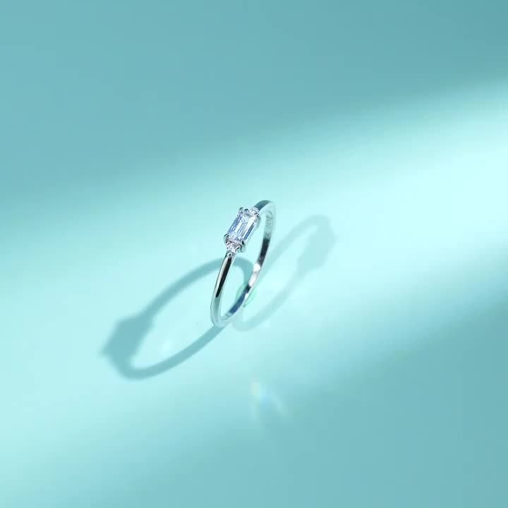 Simple Rectangle Brilliant White Cut Cz Solitaire Engagement Ring Thin ...