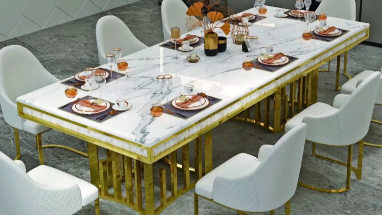 Modern Style Gold Dining Table With Chair Metal Base Stainless Steel ...