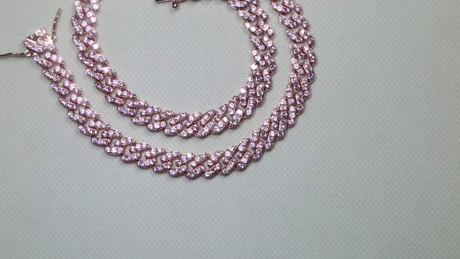 Hip Hop Bling Chain Rose Gold Plated Pink Cz Miami Cuban Link Women ...