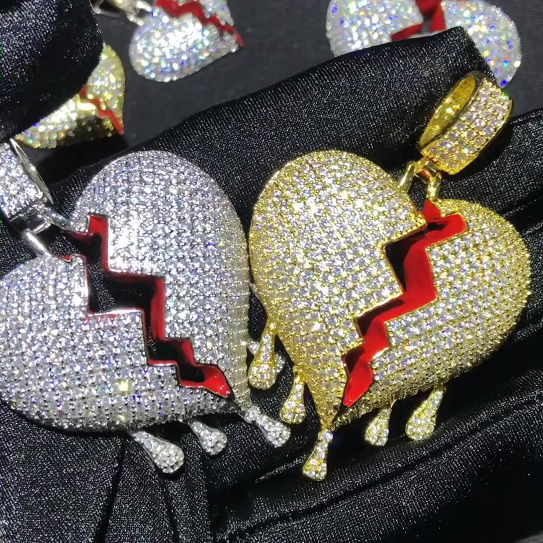 Wholesale Trendy Copper Iced Out Broken Heart Drip Couple Pendant Gold ...