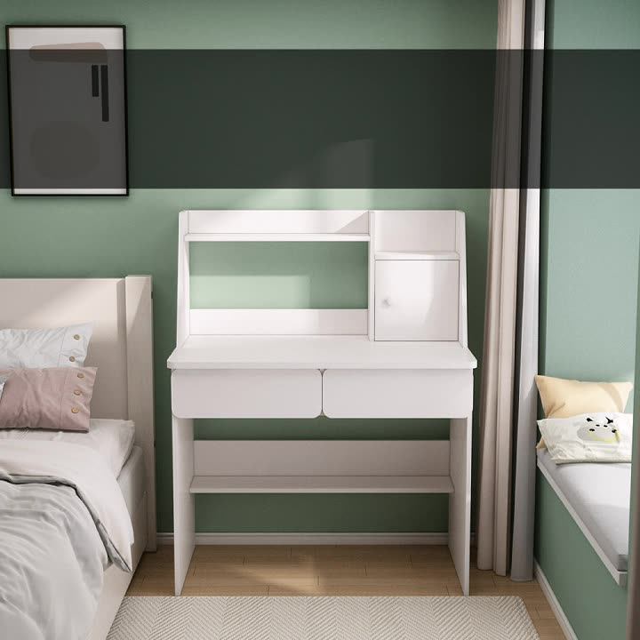 White Computer Desk Wood Room Study Table With Shelf Bookshelf For Home ...