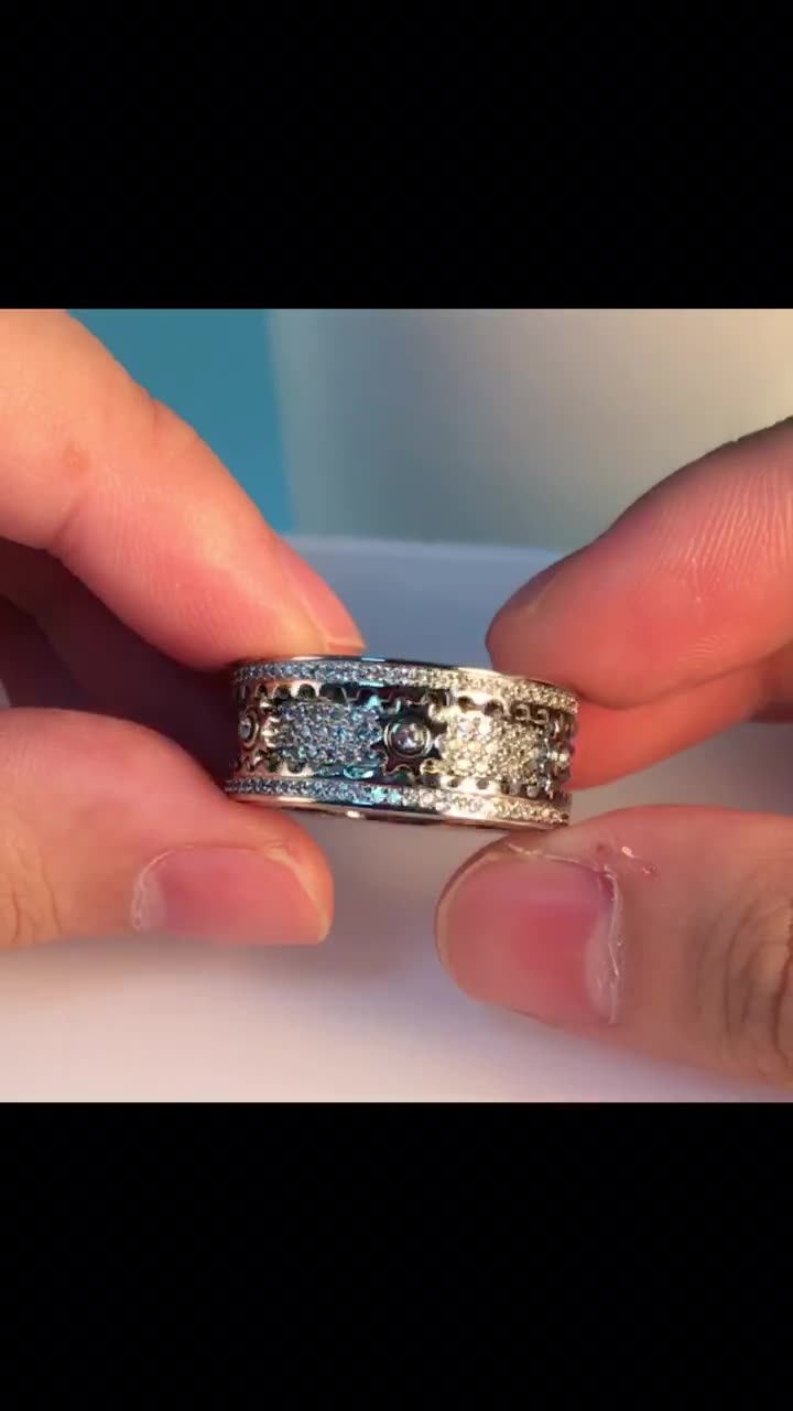 抖音同款S925纯银CNC齿轮满钻转动戒指情侣指环跨境机械旋转戒指-阿里巴巴