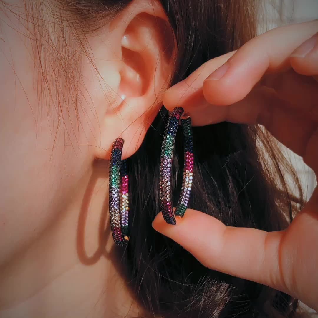 Trendy Two Tones Rainbow Shiny Cubic Zirconia Stone Big Circle Round Hoop Earrings For Women ...