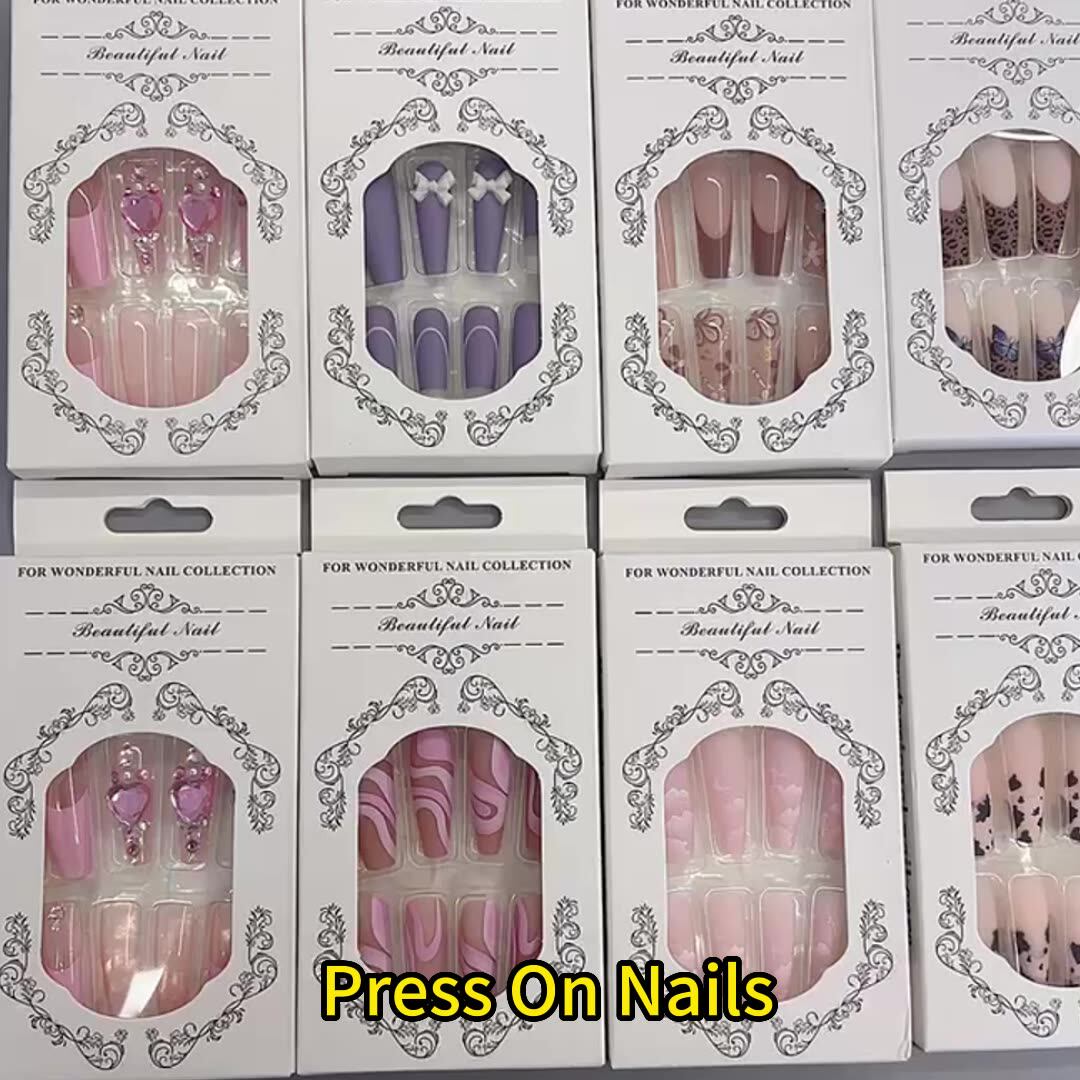 Fake Nails New Fashion Design Custom Long French White Butterfly Press ...